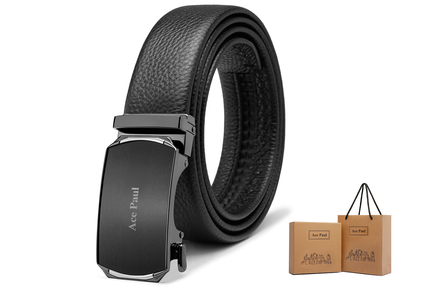 Ace Paul Trimming Polygon Matte Cool Black Automatic Buckle Leather Belts Men's Gunmetal Buckle Width: 3.5cm 120cm