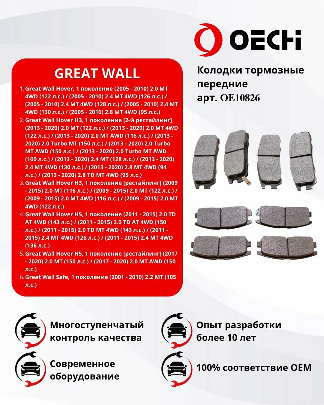 Колодки тормозные передние GREAT WALL HOVER / H3 / H5 арт. OE10826