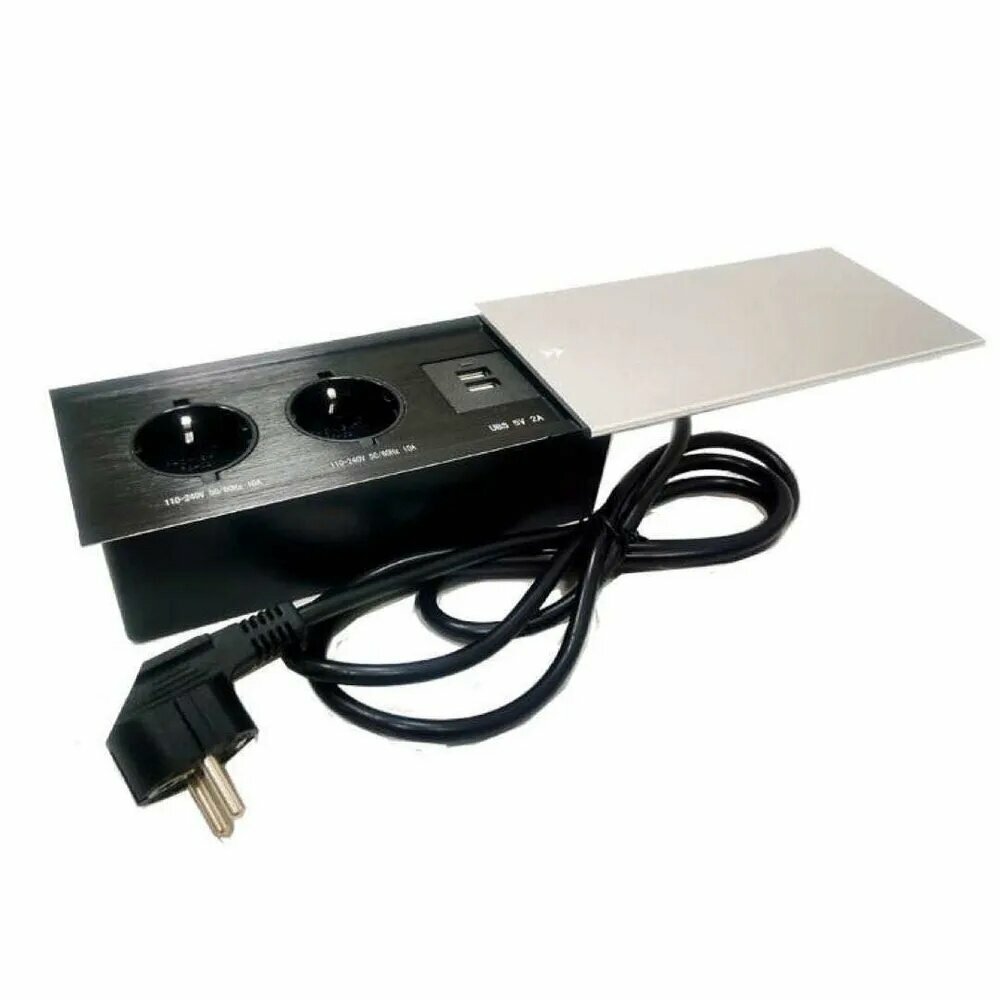 Выдвижная встраиваемая розетка, горизонтальная, GL на 2 розетки и 2 USB, серебристый, сдвижная крышка, с кабелем 1.8 м с вилкой, врезной блок, удлинитель для кухни и офиса