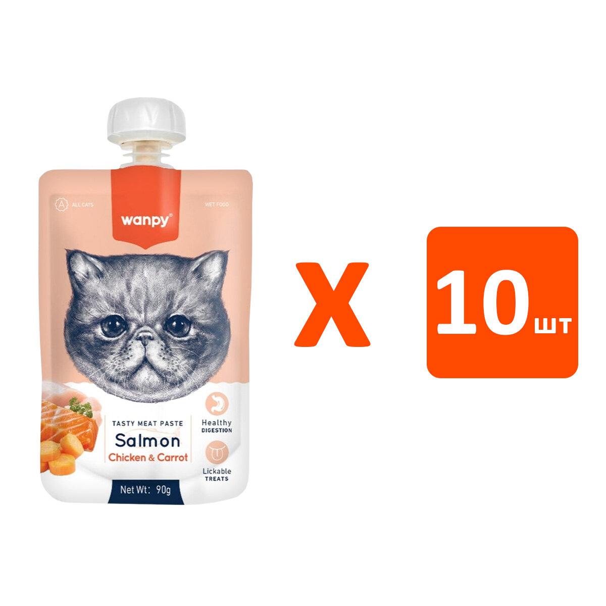 Лакомство WANPY CAT для кошек, мясной мусс с лососем, курицей, морковью, 90 г х 10 шт