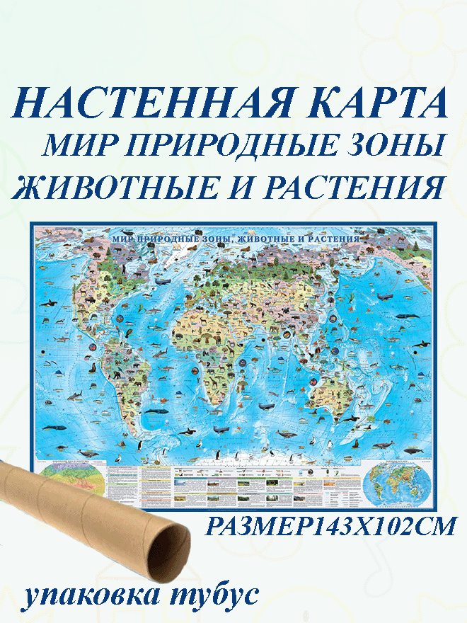Атлас-принт Природные зоны мира, животные растения-настенная карта размер 143х102см