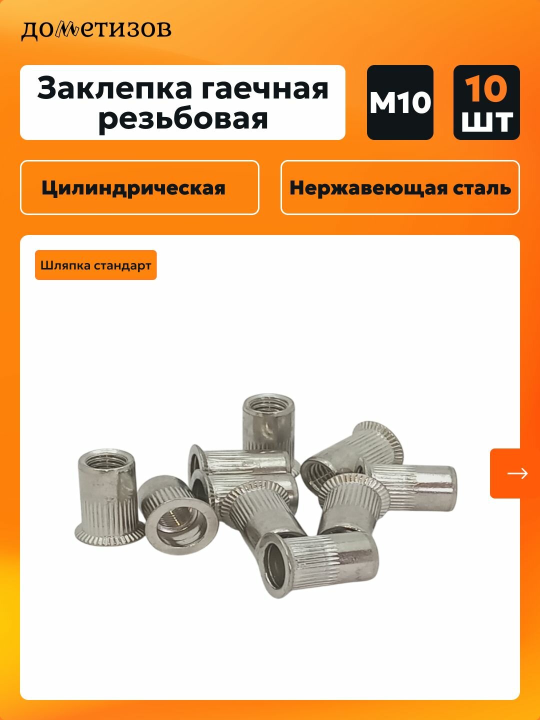 Заклепка резьбовая гаечная М10 нержавеющая сталь А2 стандарт, 10 шт