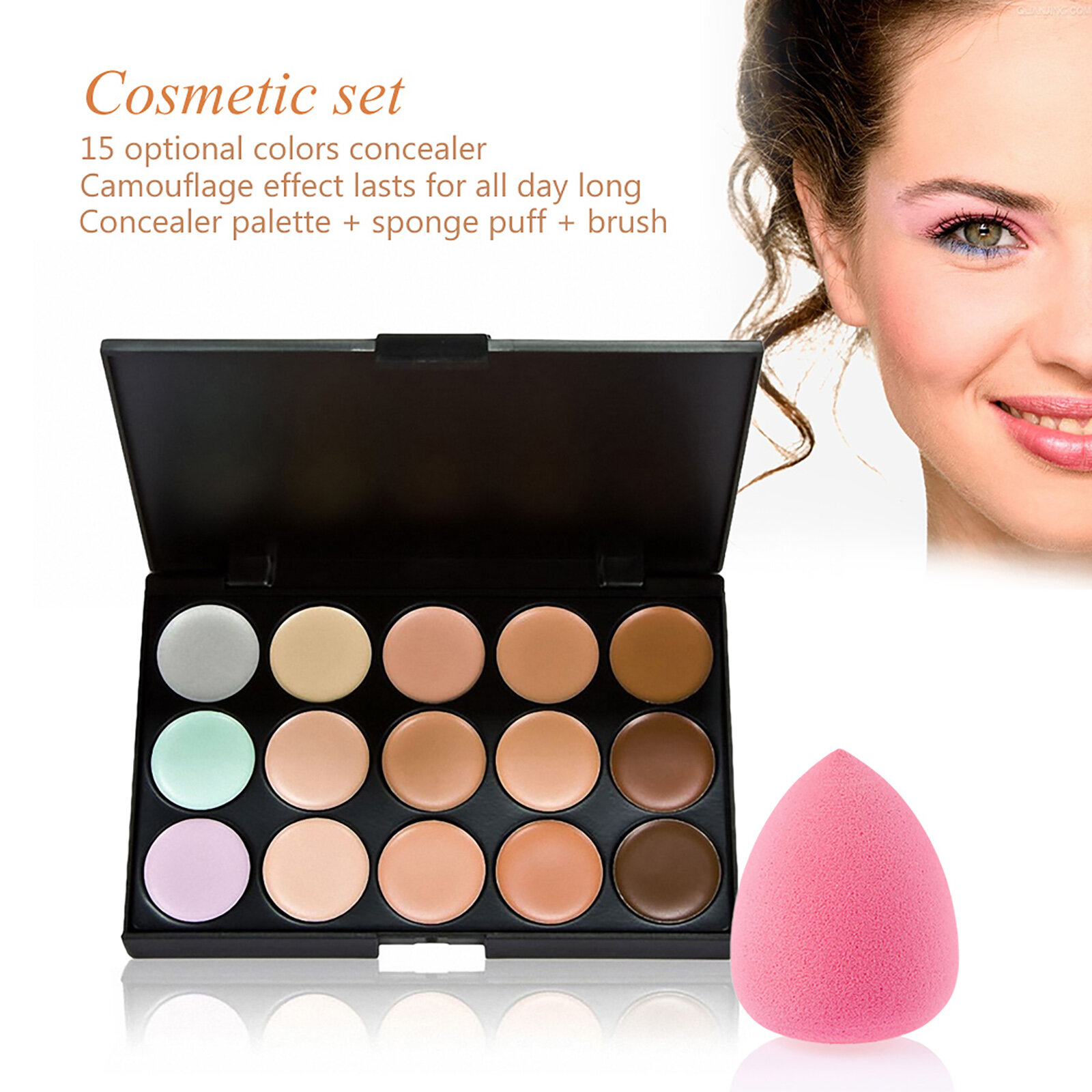 15 Colors Camouflage Concealer Palette Professional Contour Eyeshadow Face Cream Makeup Foundation Kit with Sponge Puff Random Color & Makeup Brush, Package Size 14.4*10.9*6.4cm 5.7*4.3*2.5in, Package Weight 104.1g 3.7oz, 1 Concealer Palette 1 Sponge