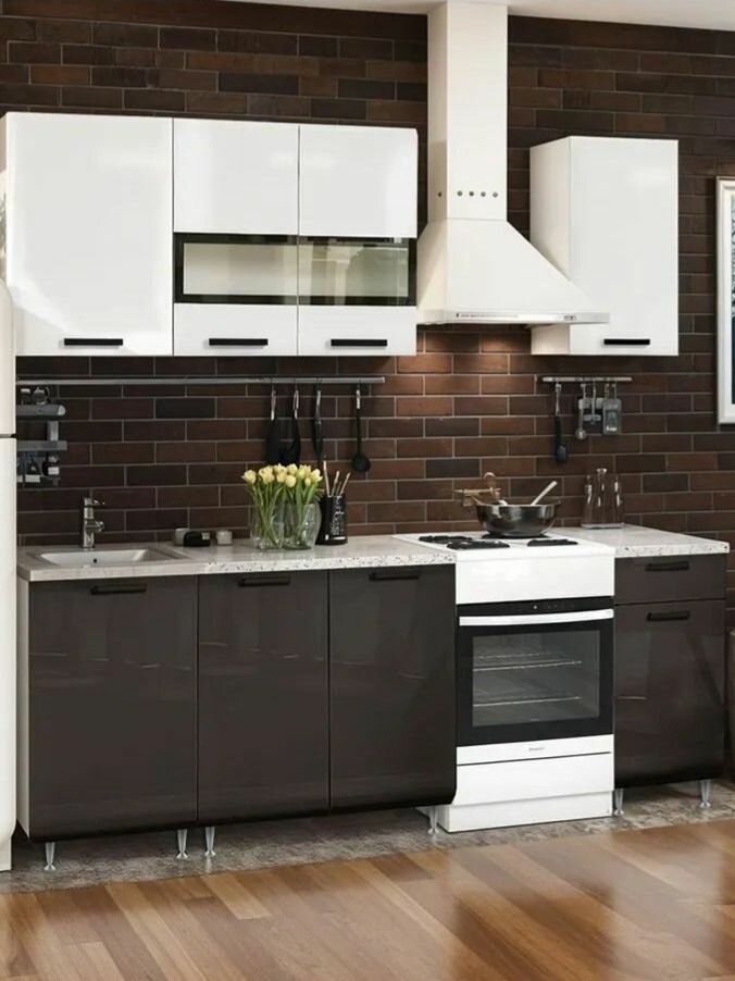 Кухонный гарнитур 1.7м Рио белый глянец/черный глянец со столешницей, МИФ