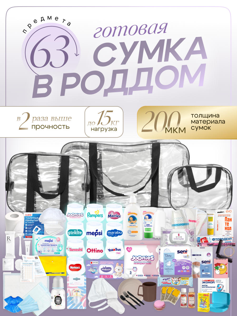 Сумка в роддом готовая для мамы и малыша с наполнением Full mom Middle, 63 предмета, прозрачная