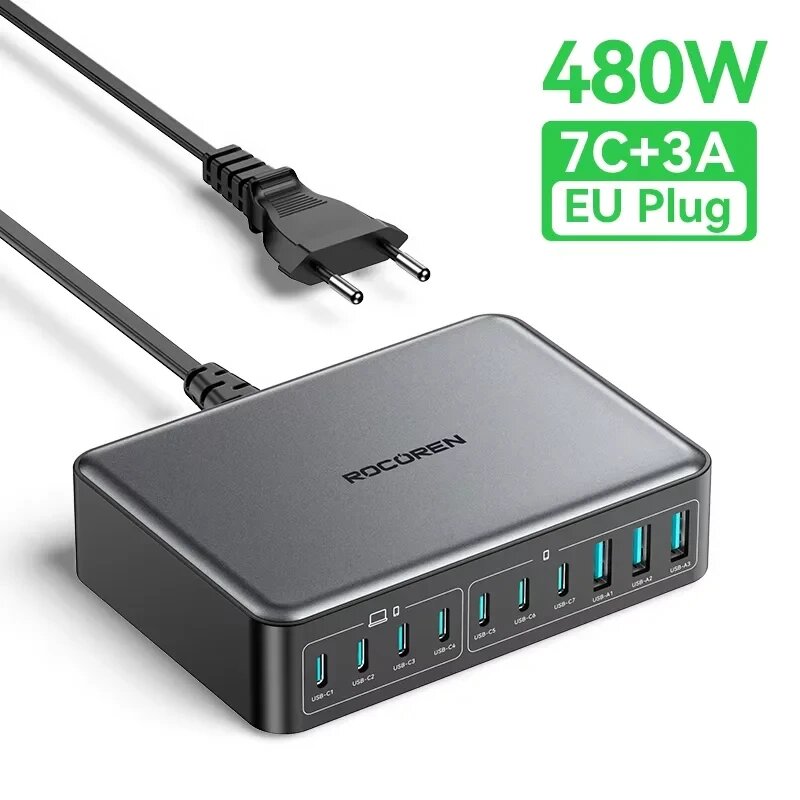 Rocoren 480W USB C зарядная станция, EU Plug, 7C+3A