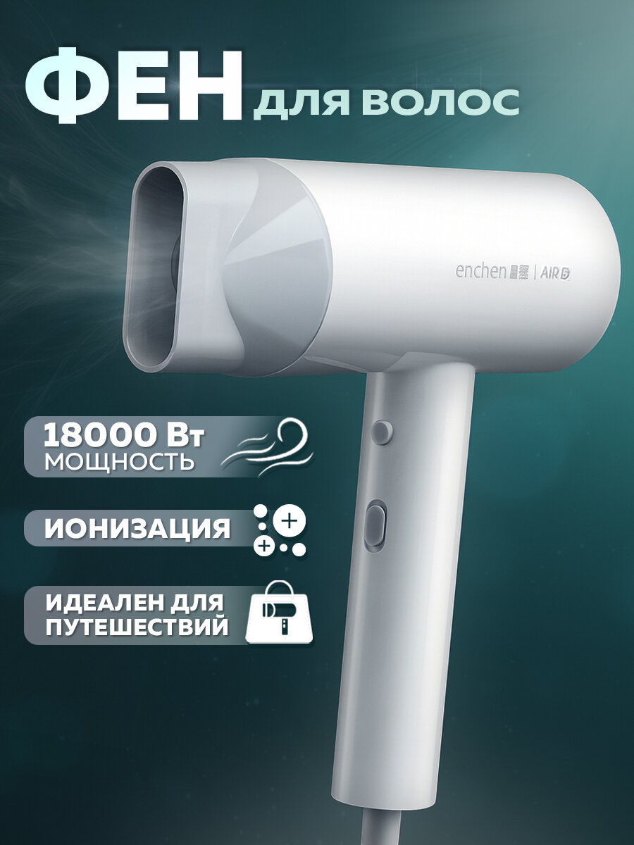 Фен для волос Enchen Air 5 белый, для укладки и сушки с ионизацией.