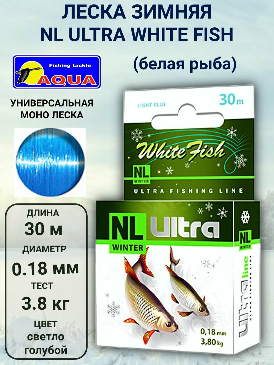 Леска зимняя AQUA NL ULTRA WHITE FISH (Белая рыба) 30m 0,18mm, цвет - светло-голубой