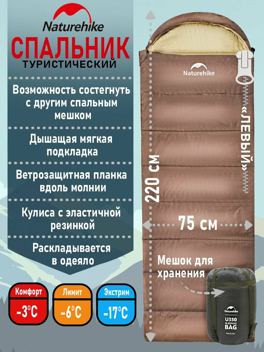 Туристический спальный мешок, спальник Naturehike U350S с капюшоном, коричневый, NH20MSD07