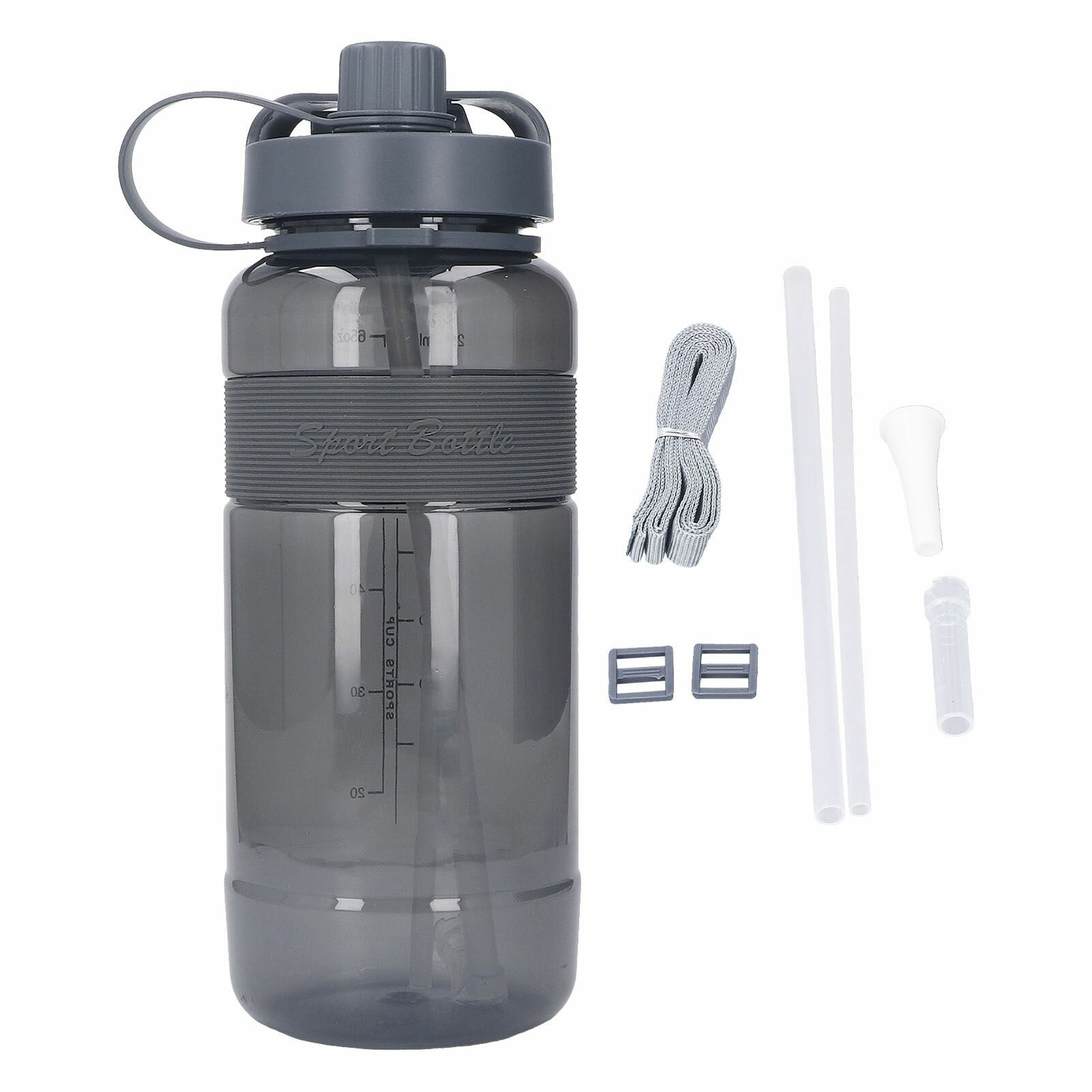 Спортивная бутылка для воды на 2000 мл с носиком и соломинкой. Портативная уличная бутылка для воды большой емкости с ремнем для переноски, серая.