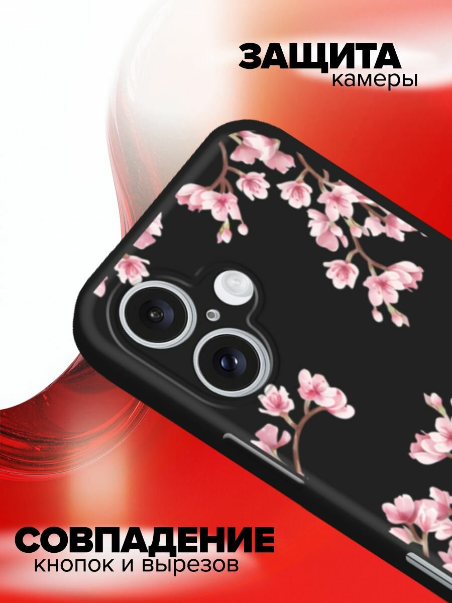 Черный матовый чехол на Apple iPhone 16 / Айфон 16 с принтом Весенняя сакура — фото 1