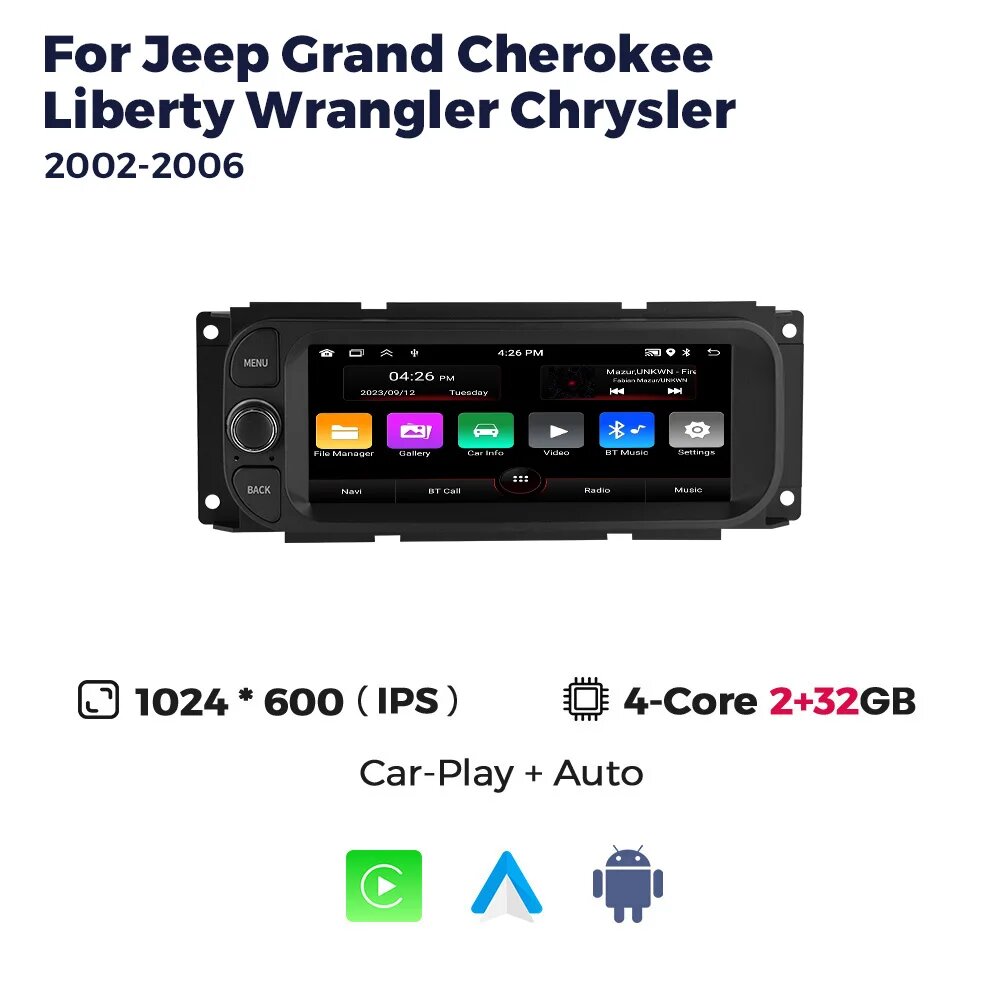 Беспроводное автомобильное радио Carplay Android 13, для JEEP Grand Cherokee Liberty Wrangler Chrysler 2002-2006, мультимедийный плеер, WIFI, GPS, RDS автомагнитоламагнитола для авто магнитола 2 din видеокарта андроид MN-JP05-H2