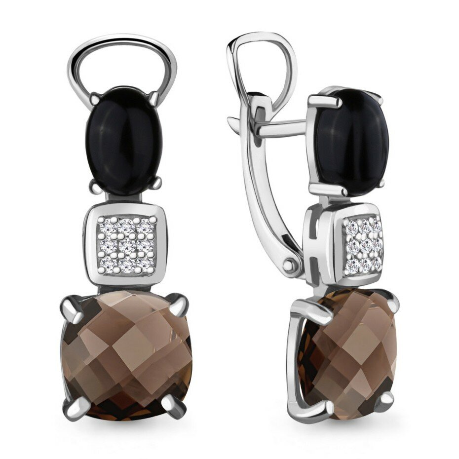 Серьги, серебро, 925 проба, оникс, кварц, фианит