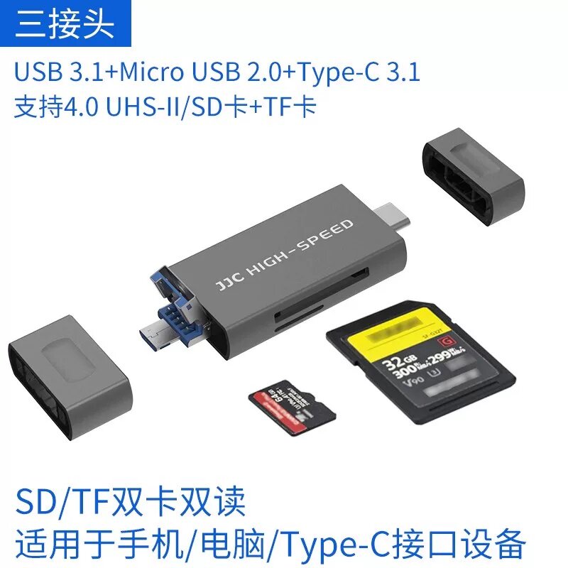 USB 3.1 Многофункциональный карт-ридер с портами Type-C, USB-A и Micro USB. Серый, поддерживает SD 4.0 UHS-II и двойной