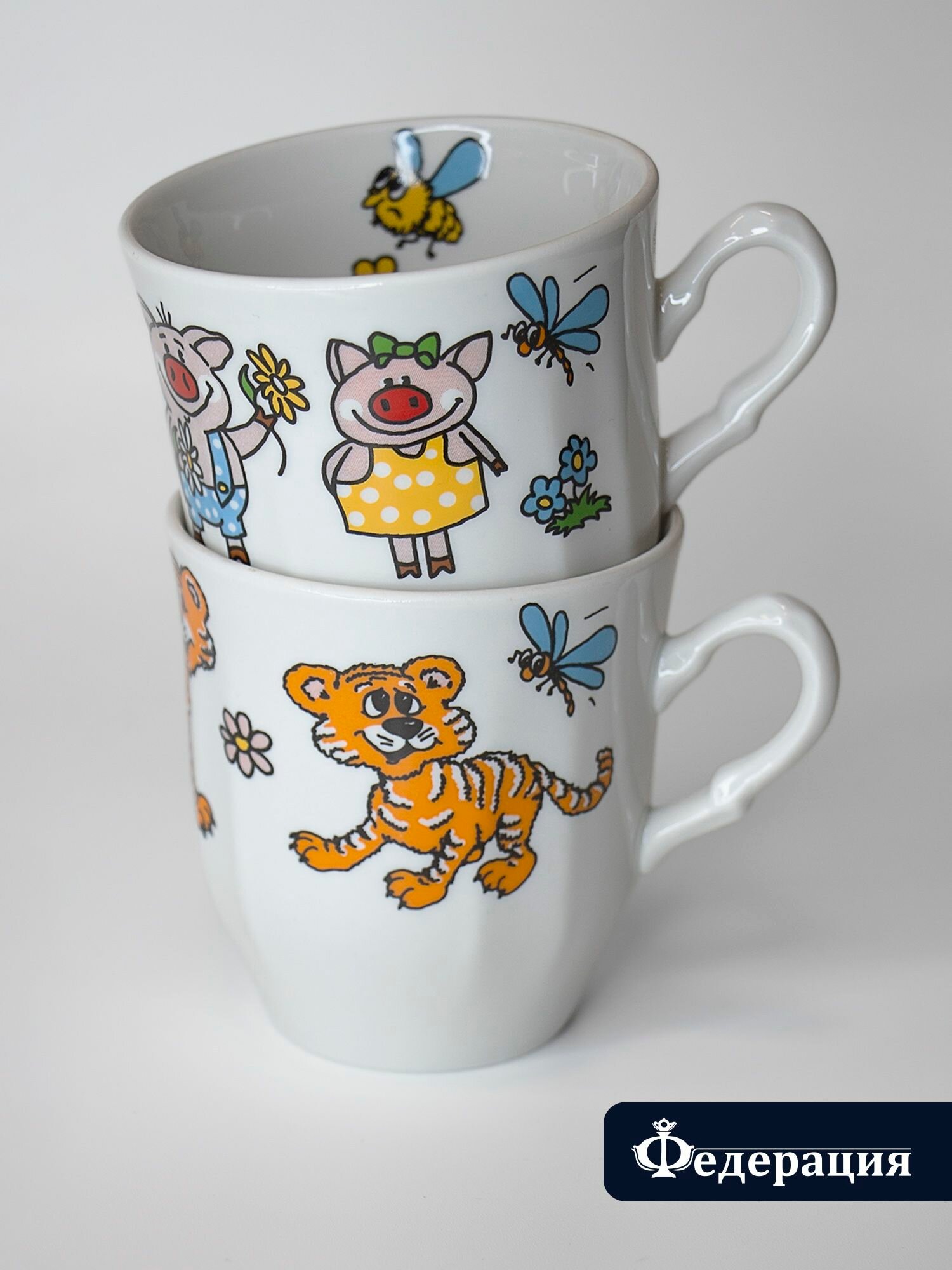 Чашки детские "Львенок, мышки, лягушки, пчелки", советские, Добрушский фарфоровый завод, фарфор, 250 мл. - 2 шт.