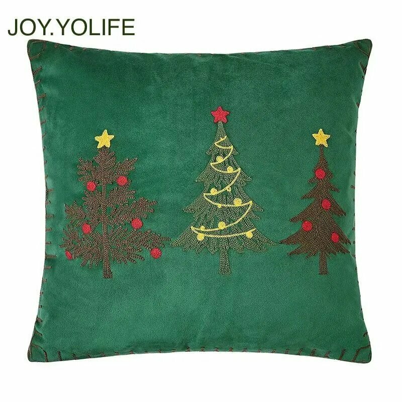 Подушка декоративная 45х45 см маленькая с наволочкой Joy.Yolife новогодняя зеленая с вышивкой Ёлочки, для дивана, кресла и садовой мебели, праздничная