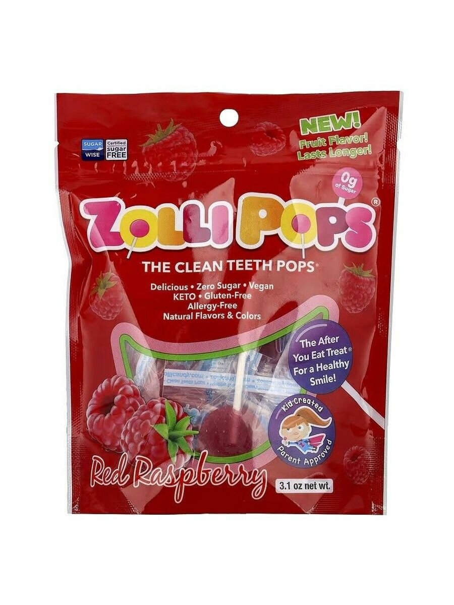 Zollipops, Леденцы "Чистые зубы" на палочке, без сахара, вкус малины, в индивидуальных упаковках, 87 г