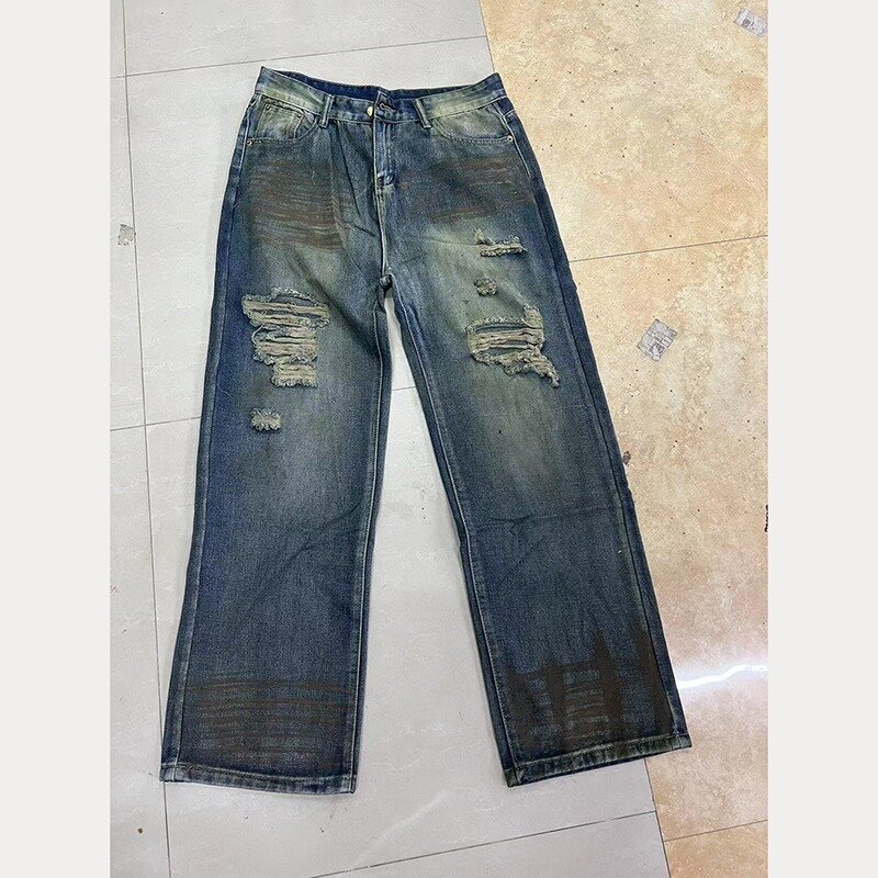 Тренд RONG CH Мужские Джинсы Винтаж Глиняная Стирка Потертые Свободные Стрейт Деним, Размер_M