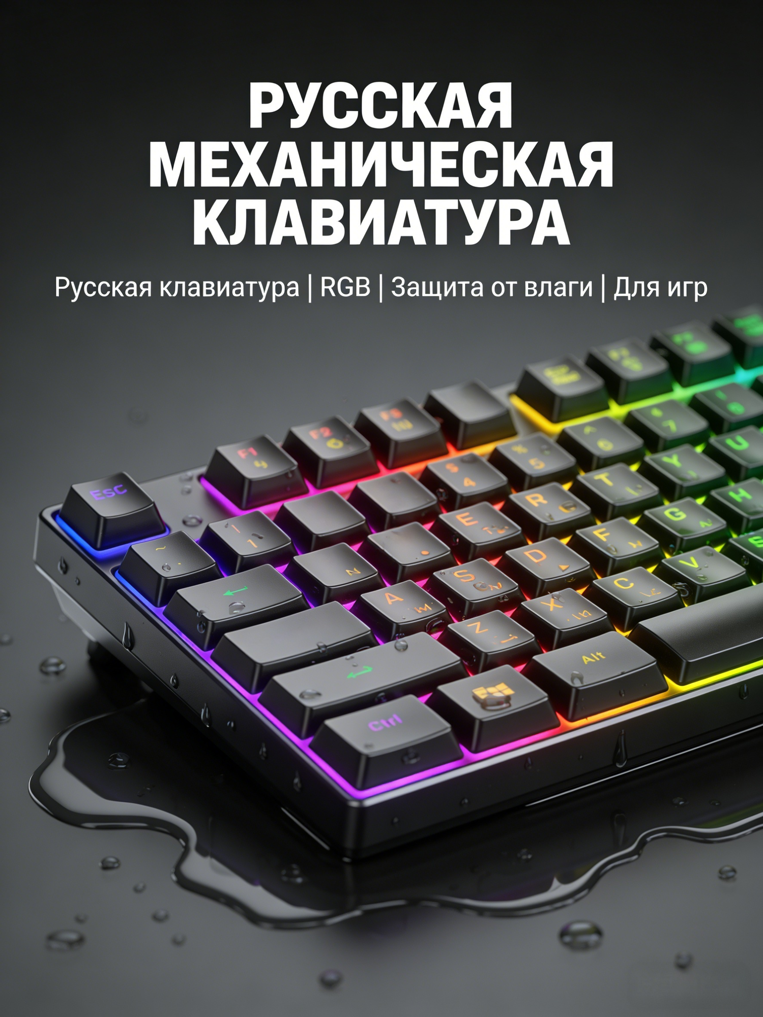 Клавиатура игровая, русская раскладка, RGB-подсветка, влагозащита, дренажные отверстия
