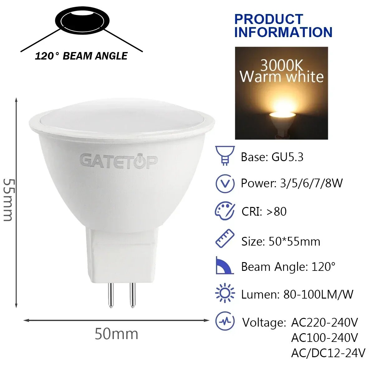 10 шт. Foco MR16 GU5.3 Светодиодная лампа белый свет 120 degrees 3000K, AC220-240V, 8W