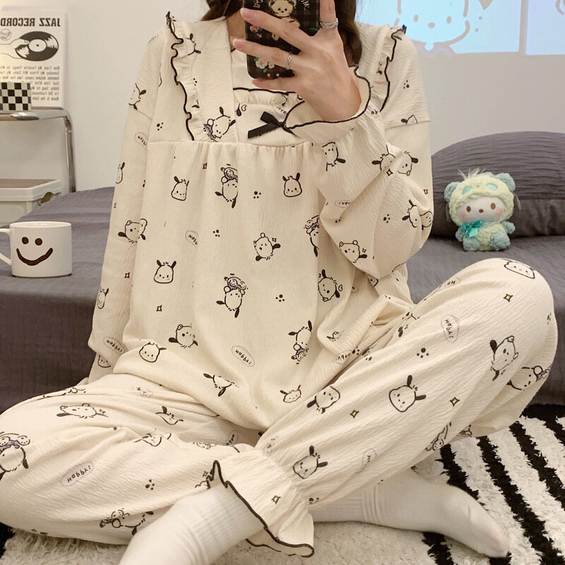 Весна и осень, хлопковые брюки-кюлоты в стиле принцессы с длинным рукавом и квадратным вырезом, домашняя одежда, женский костюм, стиль для девочек, размер: M