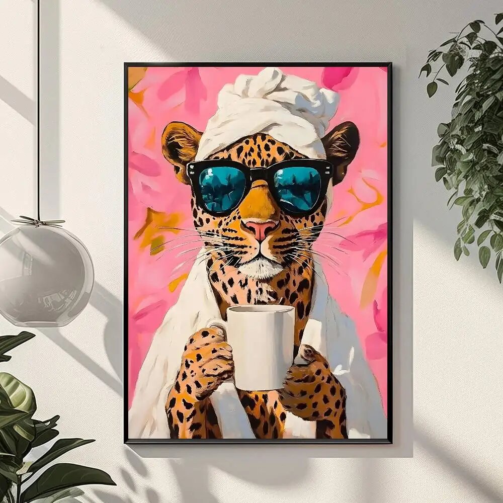 Плакат "Леопард с кофе" 15X20cmNoframe, Цвет: z5