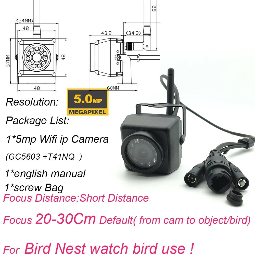 Camhi Мини водонепроницаемая IP-камера Bird Box Черный, 5MP GC5603 30cm, 6 мм