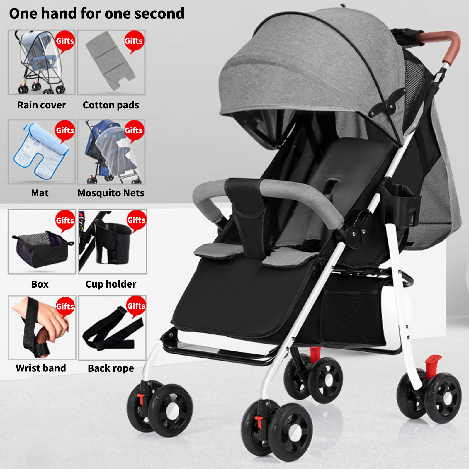 Детский коляска с одношаговым складанием Легкий преобразуемый детский кресло с 5-точечным ремнем безопасности Много положений для откидывания сиденья Расширенная козырек для новорожденных и подростков Серый