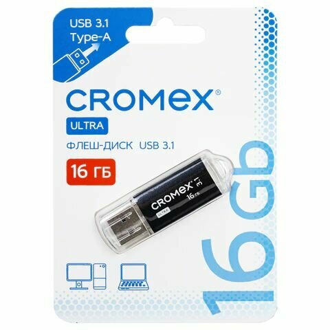 Флеш-диск 16 GB, CROMEX (кромекс) Ultra USB 3.1, металлический корпус, черный, 514162