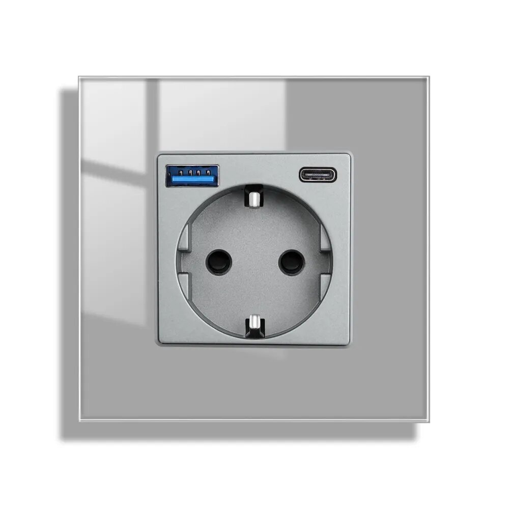 Розетка одинарная электрическая 250В 16А с USB/Type-C 2.1A , с заземлением,1 пост, стекло Рамка серый