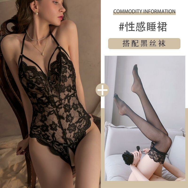 Сексуальное нижнее белье, соблазнительная ночная рубашка, больших размеров, не требует снятия, страстный кружевной боди, черный боди с черными рваными чулками.
