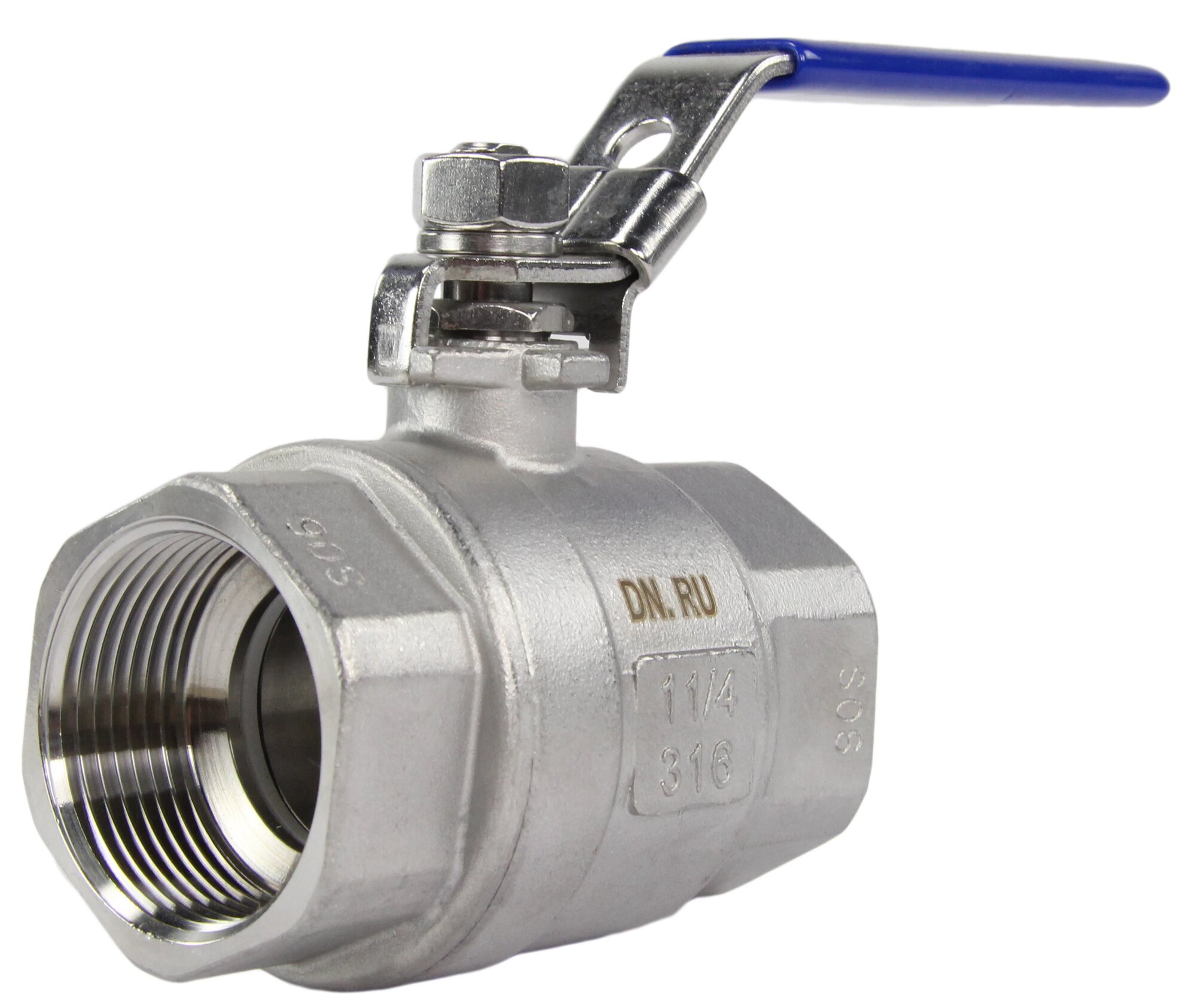 Кран шаровой DN.ru кшмп.316.230 1 1/4ʺ Ду32 Ру63 полнопроходной двухходовой, нержавеющая сталь SS316, внутренняя резьба, уплотнение - PTFE, ручка-рычаг