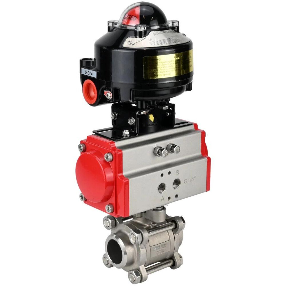 Кран шаровой DN.ru 316-316-PTFE-FP-W-ISO-H WDVF Ду20 Ру63 полнопроходной, трехсоставной, корпус - нержавеющая сталь 316, уплотнение - PTFE, под приварку, с пневмоприводом DA-052, БКВ LSB-510-02ExM12-250