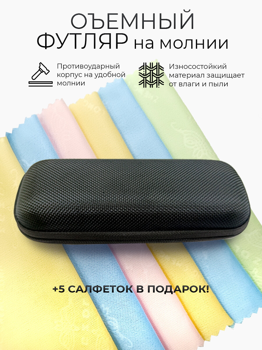 Футляр для очков текстиль на молнии, водонепроницаемый, 5 салфеток для ухода за очками в подарок