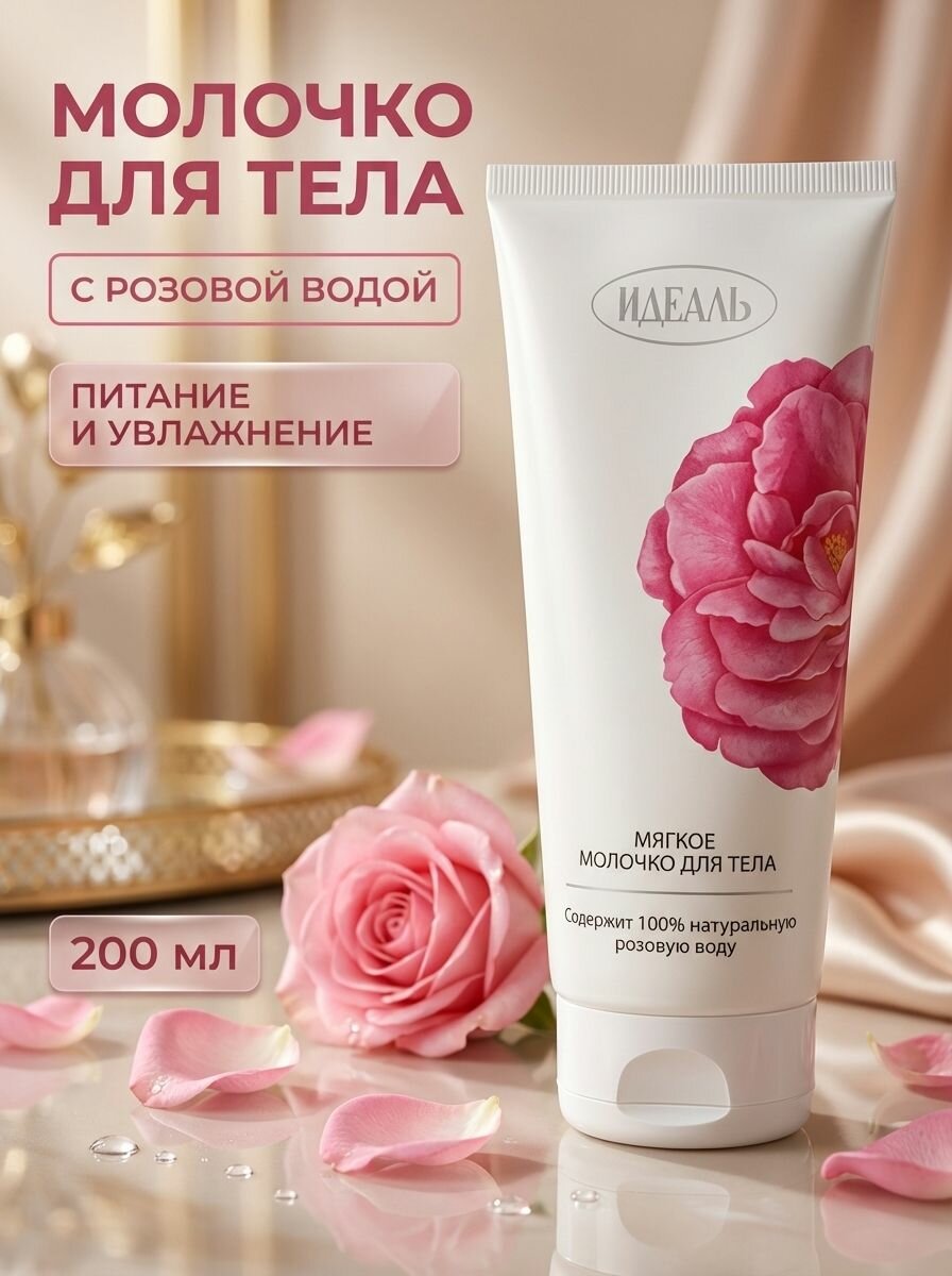 Молочко для тела мягкое с розовой водой и гиалуроновой кислотой для глубокого увлажнения, 200 мл