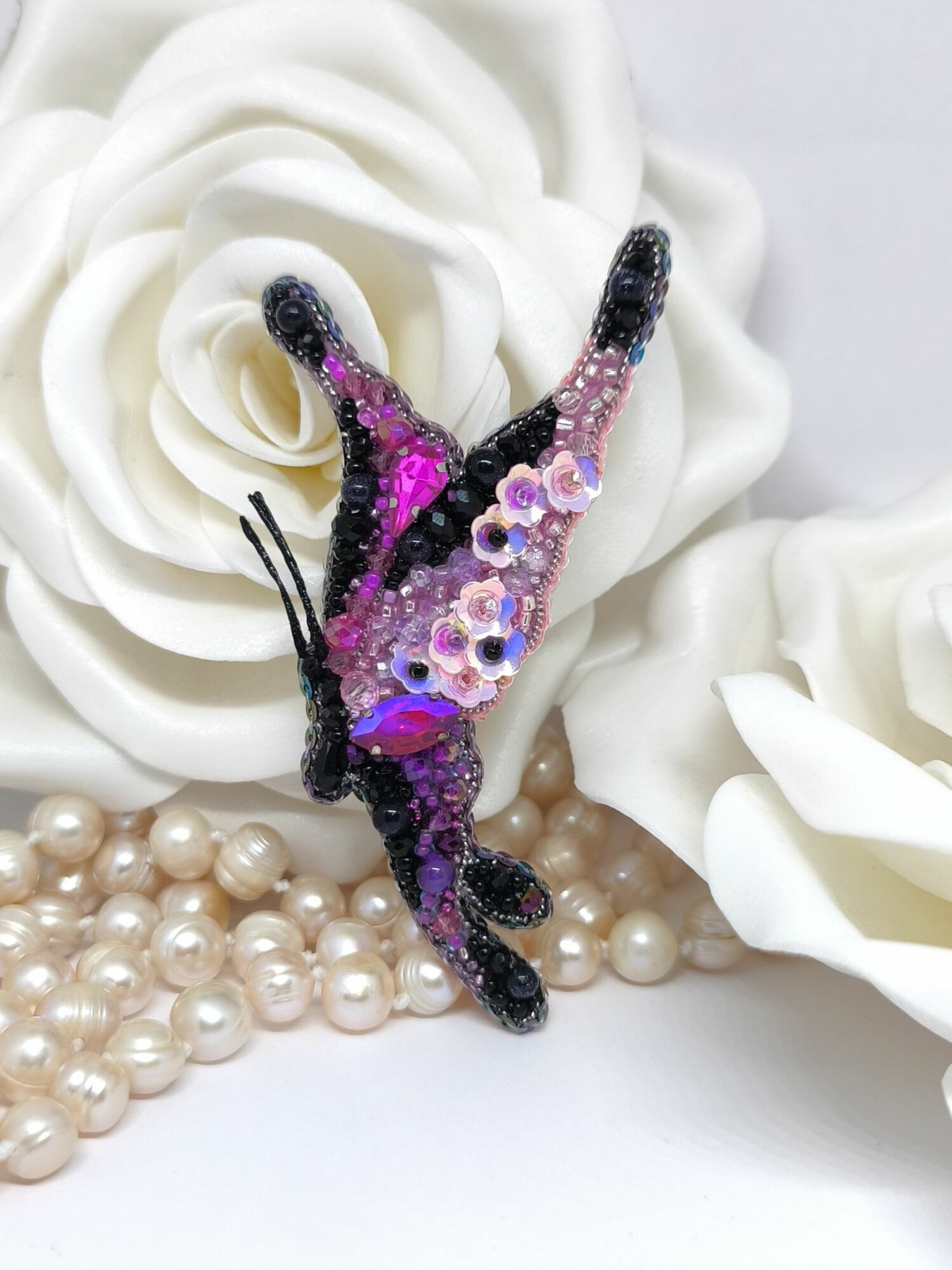 Брошь, стекло, кристалл, бисер