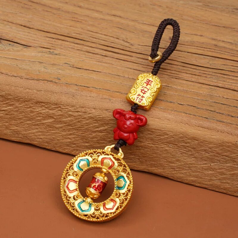 Позолоченный медный брелок для ключей с подвеской-талисманом из киновари в виде знака зодиака, эмалированный