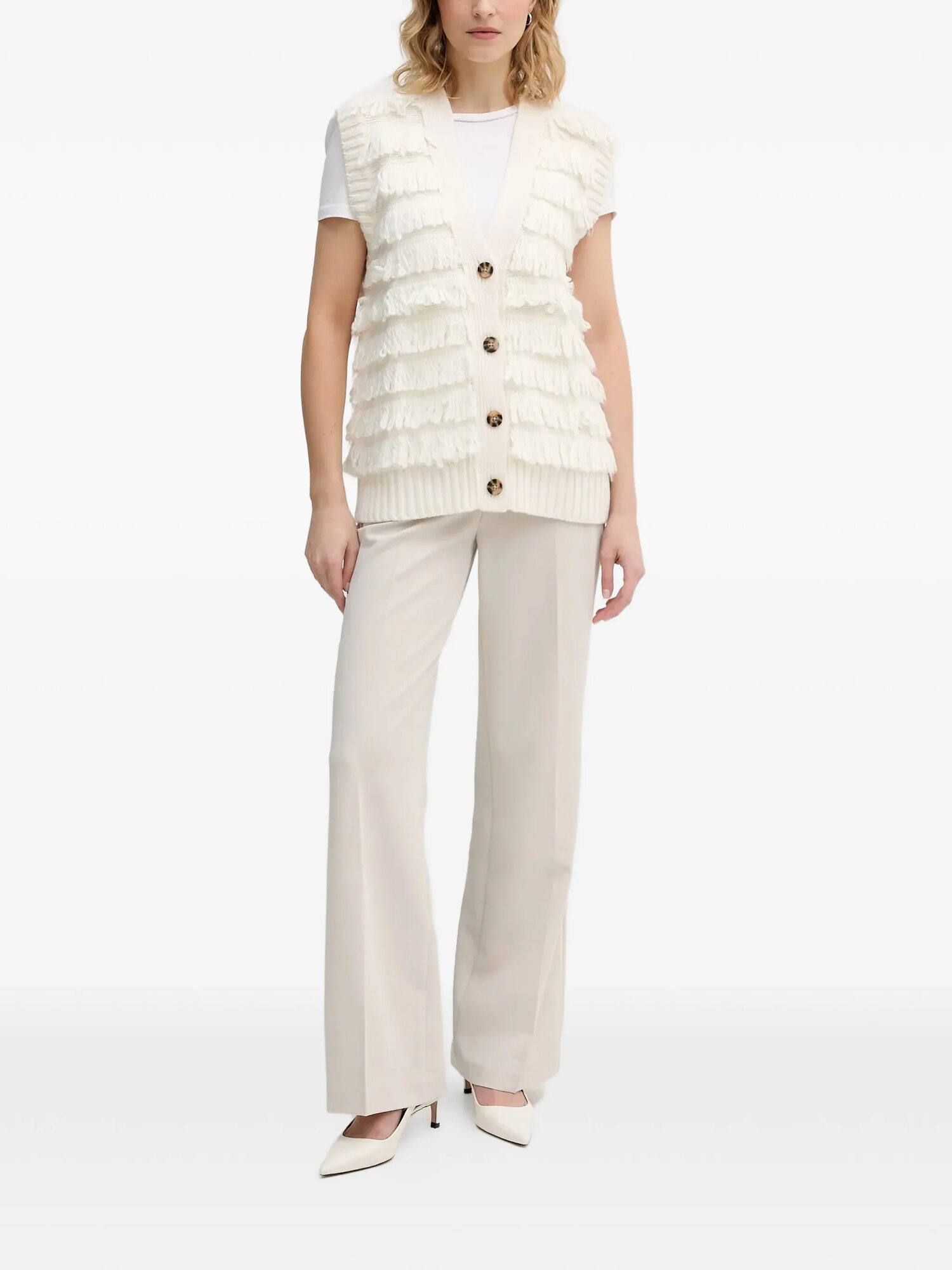 Жилет Sisley Fringed buttoned waistcoat, размер 42, бежевый/белый — фото 1