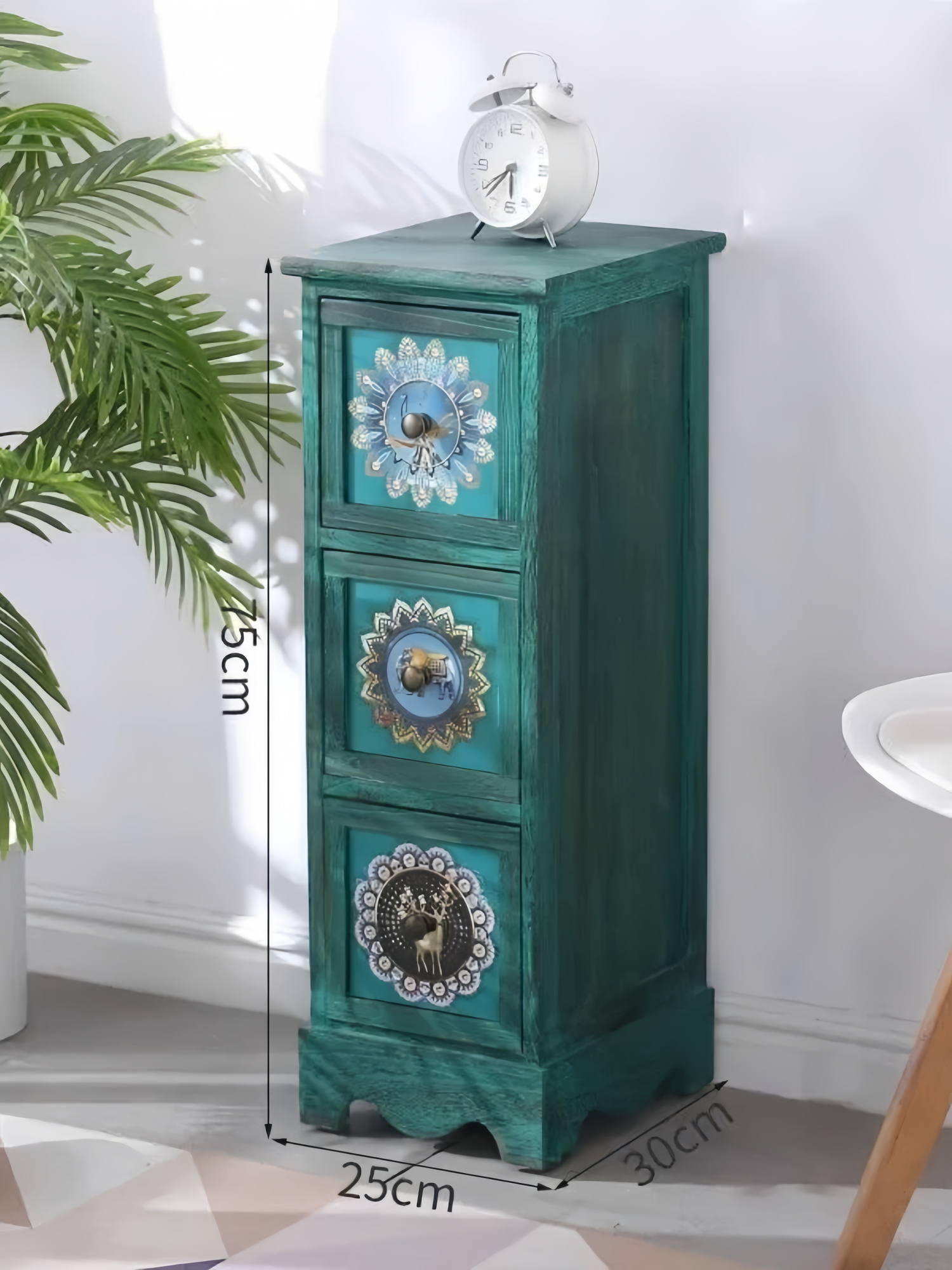 Тумба прикроватная ASDF, этнический стиль, 3 ящика, светло-зеленая