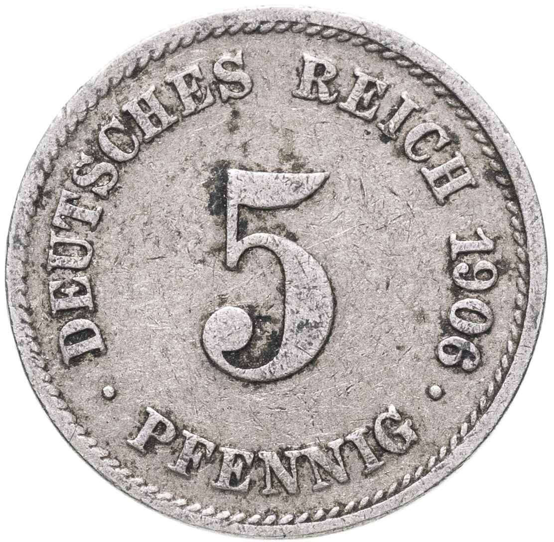 Германия 5 пфеннигов 1906, знак монетного двора: "J" - Гамбург, Никель, в сохранности VF-XF