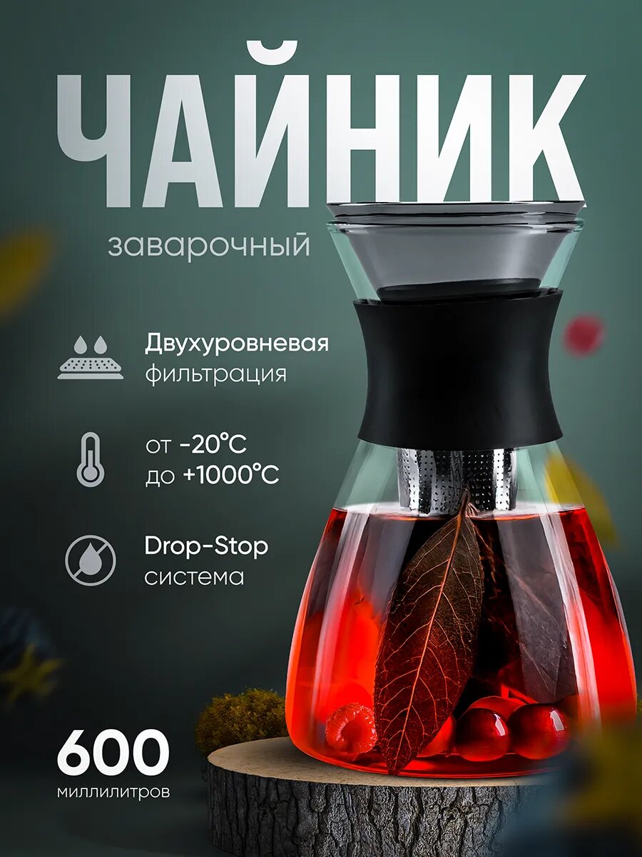 Чайник заварочный стеклянный 600 мл с ситечком