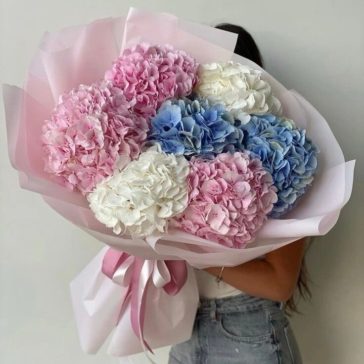 Букет их разноцветных гортензий 7 шт, красивый букет цветов, шикарный, премиум цветы, премиум букет