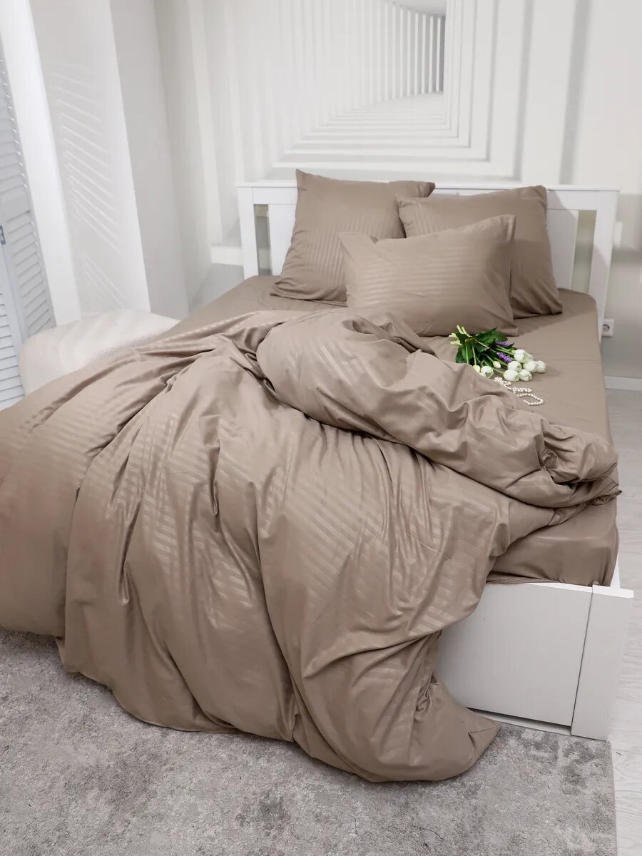 Постельное бельё Kamtex, страйп-сатин, бежевое, с европростынёй, 2-спальное