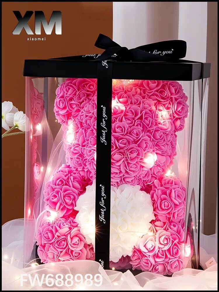 Мишка из роз 40 см с лентой. Подарочный набор для женщин, новогодние подарки, Для Дня святого Валентина, Дня матери, юбилеев, дней рождения и помолвок