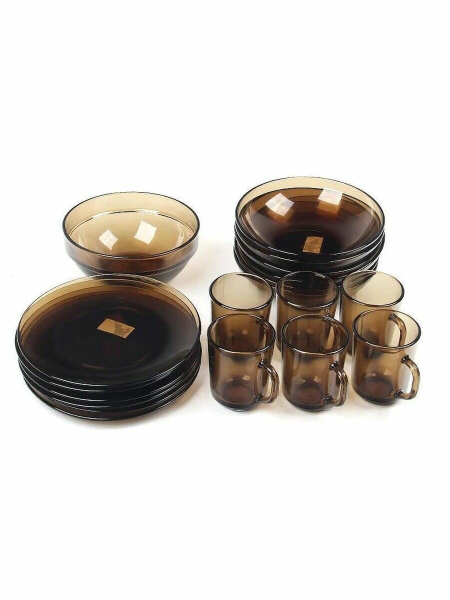 Набор Посуды. Современный Стеклянный Обеденный Столовый Сервиз Для 6 Персон Из 19 Предметов. Тарелки, Кружки и Салатники, Суповые Пиалы. Для Первых, Вторых Блюд, Салатов и Десертов.