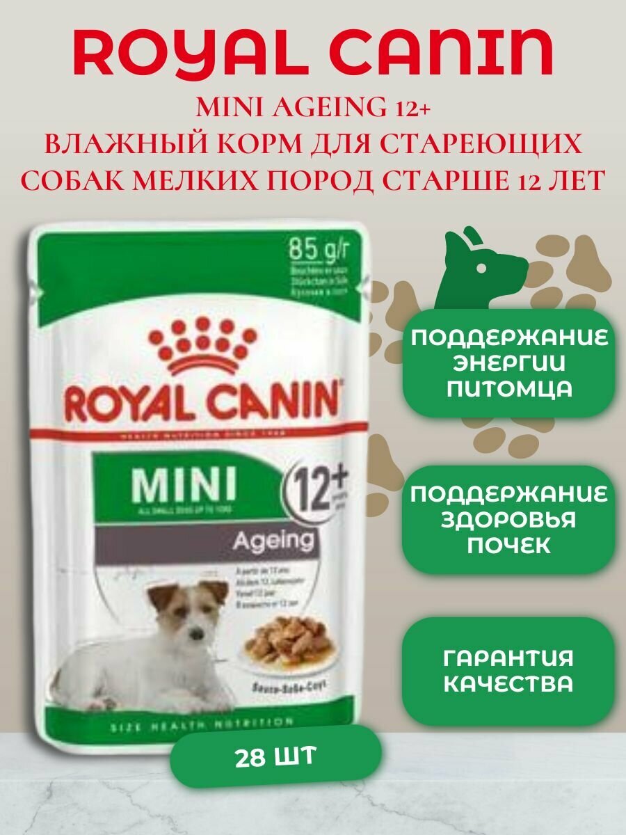 Royal Canin Корм консервированный для стареющих собак мелких размеров (весом от 1 до 10 кг) в возрасте старше 12 лет, кусочки в соусе Mini Ageing 12+ 85гр (комплект из 28 пачек)