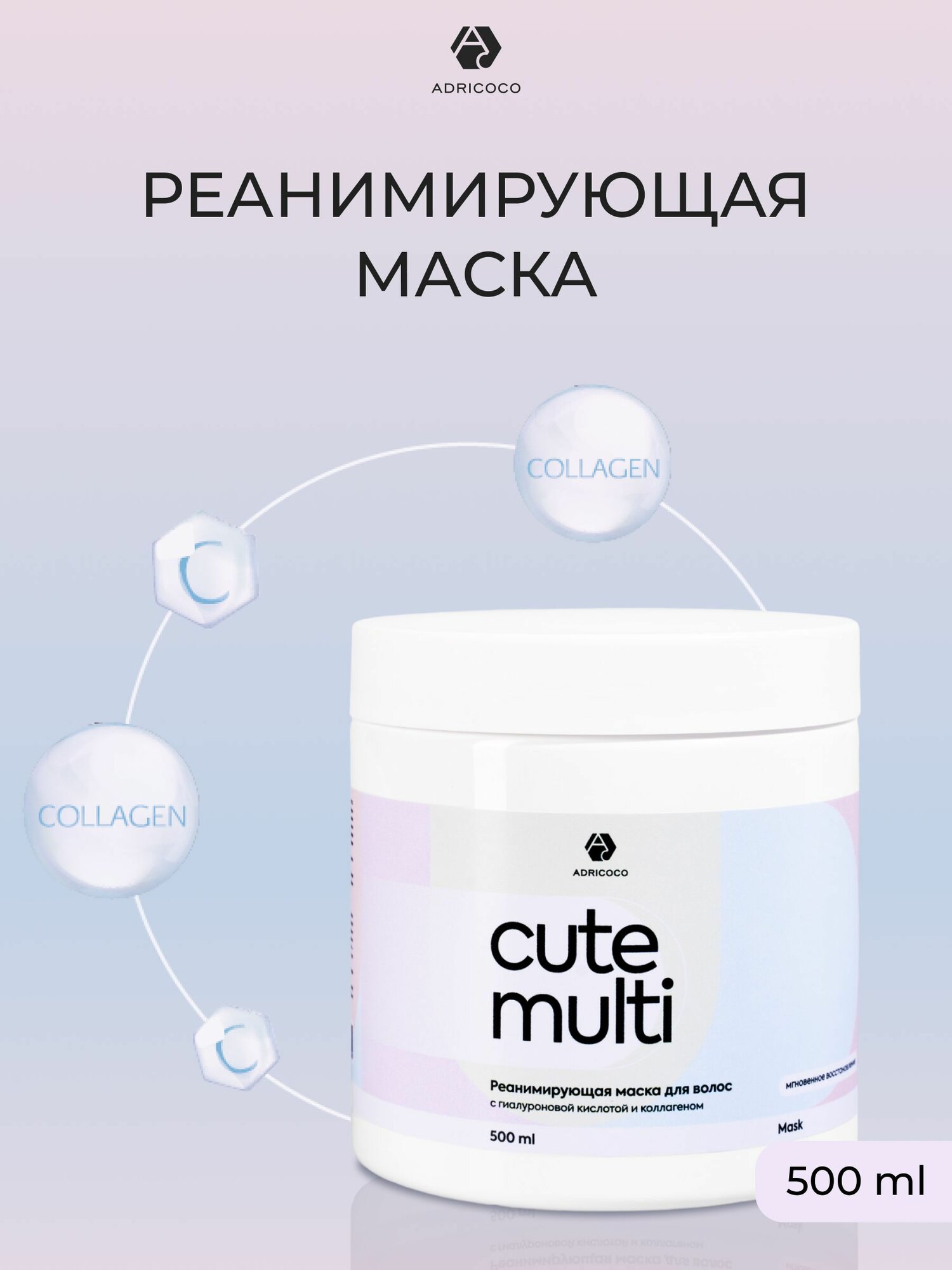 Реанимирующая маска для волос ADRICOCO CUTE MULTI с гиалуроновой кислотой и коллагеном, 500 мл для поврежденных и ослабленных волос, восстановление
