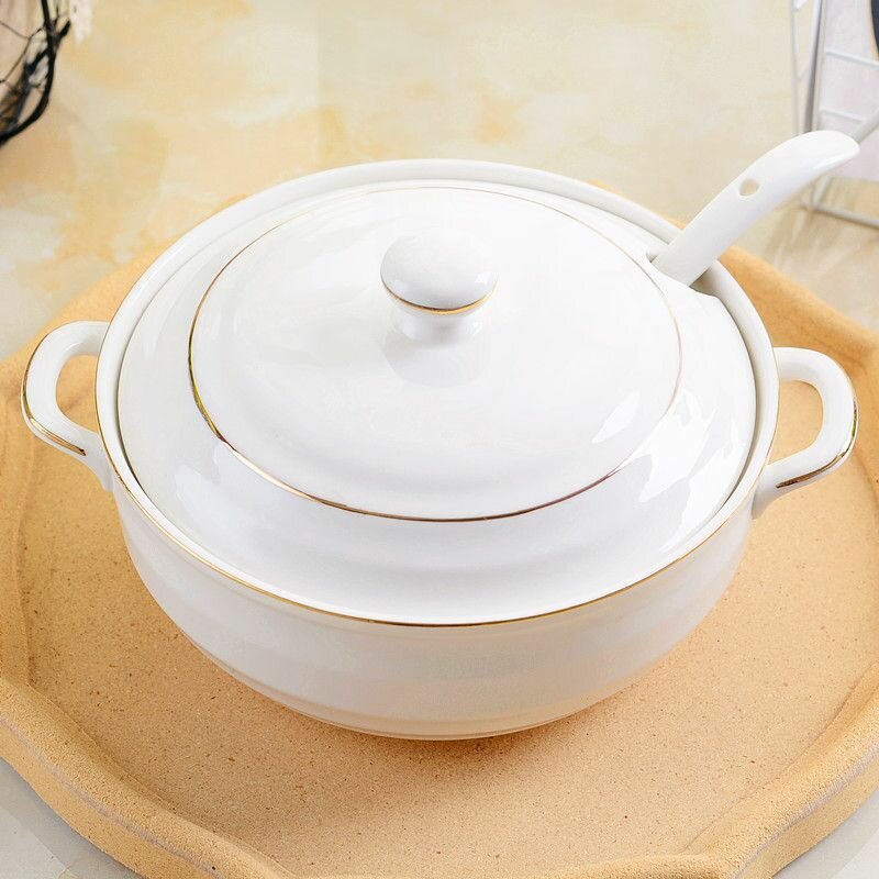 Домашний керамический суповой горшок с двойными ушками и крышкой, креативный горшок для тушения, чисто белый, большой емкости, рисовая суповая миска, суповая чаша, безопасная для микроволновки, бесплатная доставка