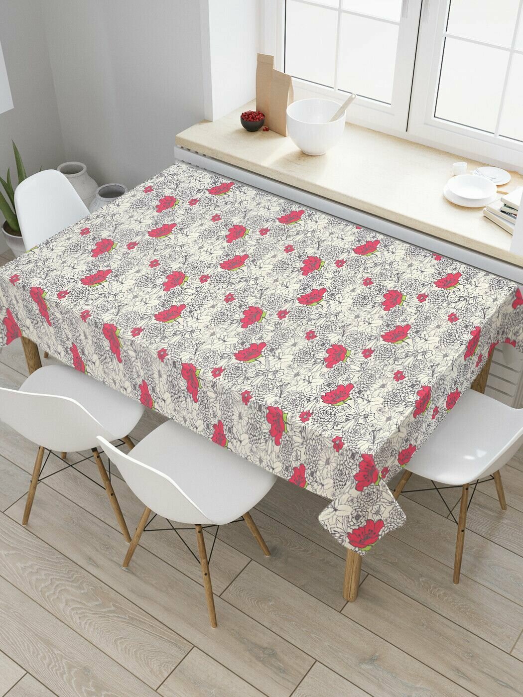 Прямоугольная водоотталкивающая тканевая скатерть на стол JoyArty с рисунком "Маки среди цветов" 145 на 180 см