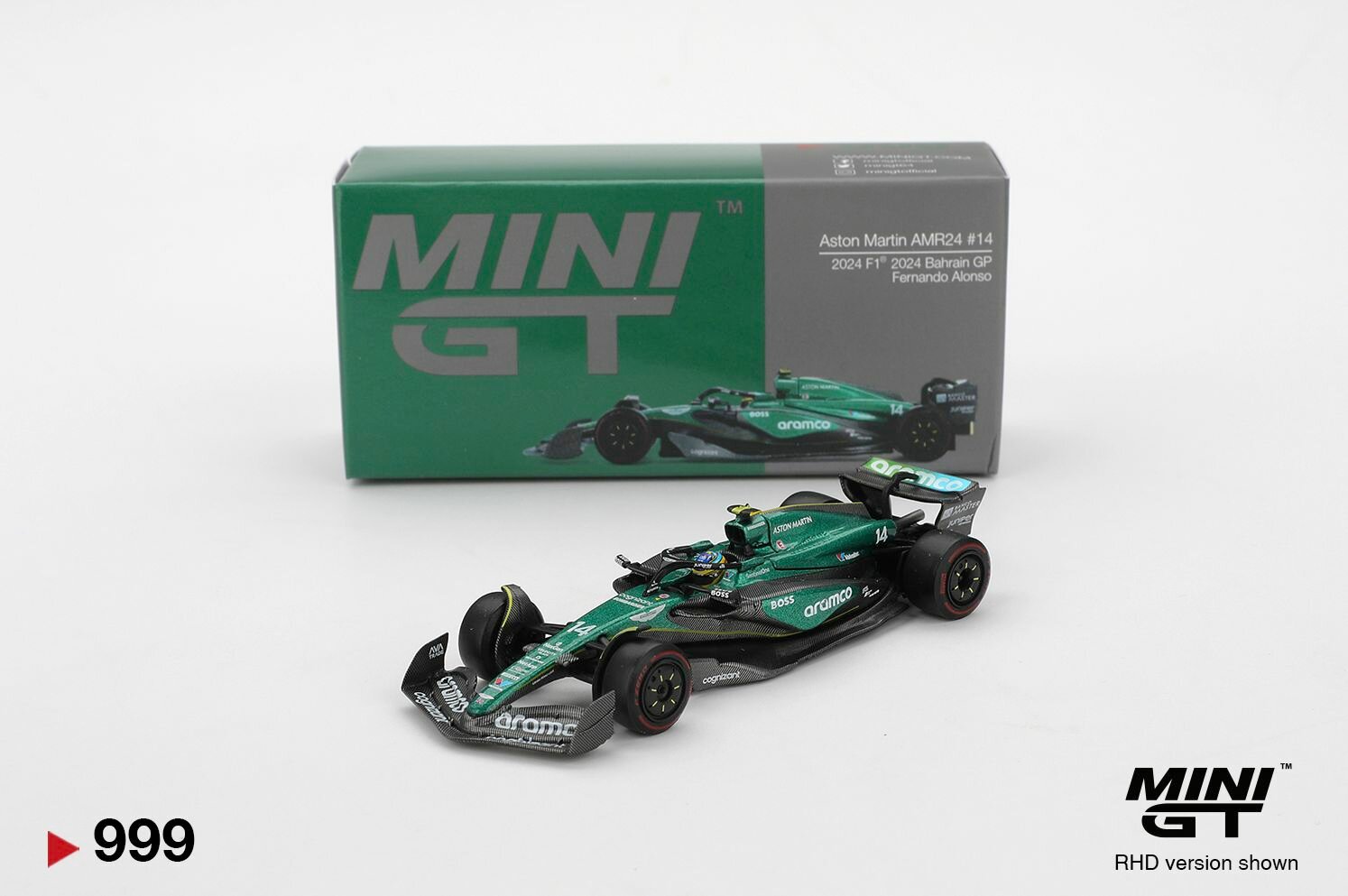 Коллекционная машинка MINI GT 1:64 Aston Martin AMR24 #14 Fernando Alonso 2024 F1 2024 Bahrain GP